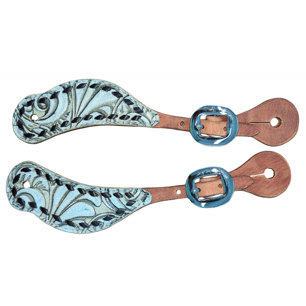 Shaped Hermann Oak harness leather spur straps w/ sand floral overlay ...